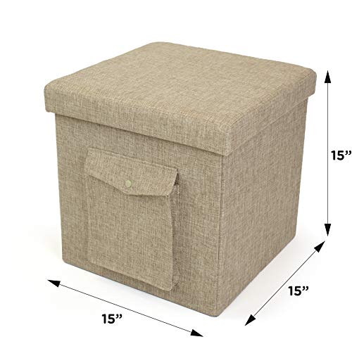 Humble Crew Folding Storage Ottoman Cube with Exterior Multi Purpose Pocket, Heathered Khaki