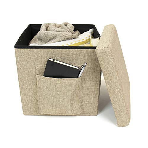 Humble Crew Folding Storage Ottoman Cube with Exterior Multi Purpose Pocket, Heathered Khaki