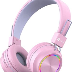 iClever BTH03 Kids Bluetooth Headphones Safe Volume, Colorful LED Lights, 25H Playtime, Stereo Sound Mic, Bluetooth 5.0, Foldable, On Ear Kids Wireless Headphones for Tablet Airplane (Pink)