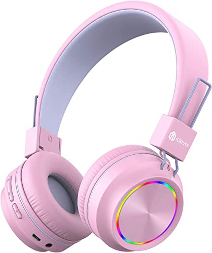 iClever BTH03 Kids Bluetooth Headphones Safe Volume, Colorful LED Lights, 25H Playtime, Stereo Sound Mic, Bluetooth 5.0, Foldable, On Ear Kids Wireless Headphones for Tablet Airplane (Pink)