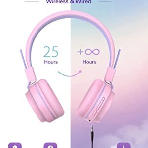 iClever BTH03 Kids Bluetooth Headphones Safe Volume, Colorful LED Lights, 25H Playtime, Stereo Sound Mic, Bluetooth 5.0, Foldable, On Ear Kids Wireless Headphones for Tablet Airplane (Pink)