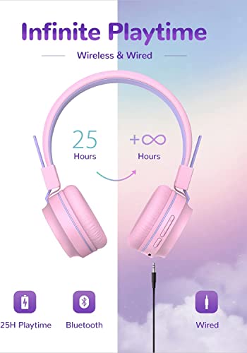 iClever BTH03 Kids Bluetooth Headphones Safe Volume, Colorful LED Lights, 25H Playtime, Stereo Sound Mic, Bluetooth 5.0, Foldable, On Ear Kids Wireless Headphones for Tablet Airplane (Pink)