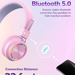 iClever BTH03 Kids Bluetooth Headphones Safe Volume, Colorful LED Lights, 25H Playtime, Stereo Sound Mic, Bluetooth 5.0, Foldable, On Ear Kids Wireless Headphones for Tablet Airplane (Pink)