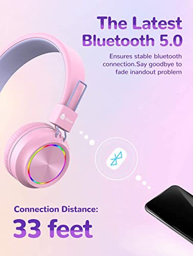 iClever BTH03 Kids Bluetooth Headphones Safe Volume, Colorful LED Lights, 25H Playtime, Stereo Sound Mic, Bluetooth 5.0, Foldable, On Ear Kids Wireless Headphones for Tablet Airplane (Pink)