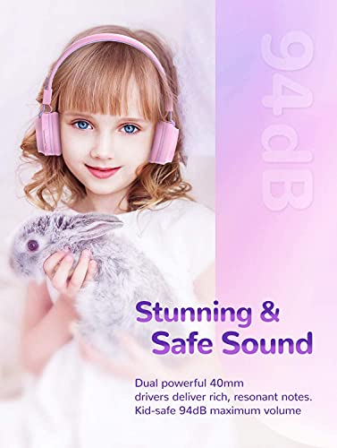 iClever BTH03 Kids Bluetooth Headphones Safe Volume, Colorful LED Lights, 25H Playtime, Stereo Sound Mic, Bluetooth 5.0, Foldable, On Ear Kids Wireless Headphones for Tablet Airplane (Pink)