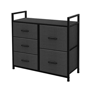 azl1 life concept wide dresser storage tower with sturdy steel frame, wood top, 5 drawers of easy-pull fabric bins, organizer unit, dark grey 3-5