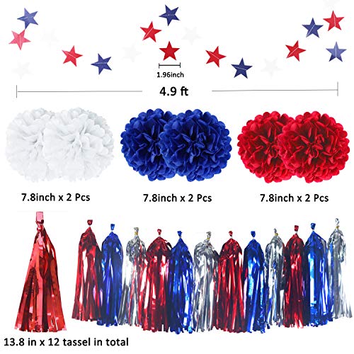 Cmaone 25Pcs Patriotic Party Decorations Set, 4th of July American Flag Party Supplies Hanging Paper Fans, Pom Poms, Red White Blue Star Garland, Tassel Garlands String, American Theme Party Decor