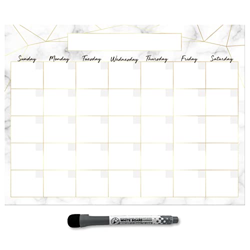 Dry Erase Monthly Calendar Planner Sticker Decal | Removable & Reusable | Magnetic Fine-Tip Marker Included (9 x 12 inches, Marble)