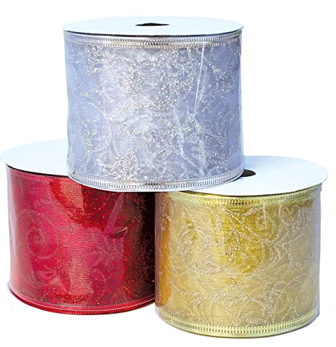 Holiday Ribbon Christmas Ribbons Xmas Wired Sheer 2.5 Organza Wire Edged Red, Gold, Silver/White Glitter Holidays Gift Wrapping, Tree Decoration Crafts/Craft, Gifts Wrap 30 Yards/10 Yard Ea. Roll