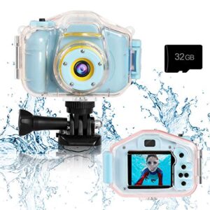 agoigo kids waterproof camera toys for 3-12 year old boys girls christmas birthday gifts underwater sports hd children digital action camera 2 inch screen with 32gb card (blue)