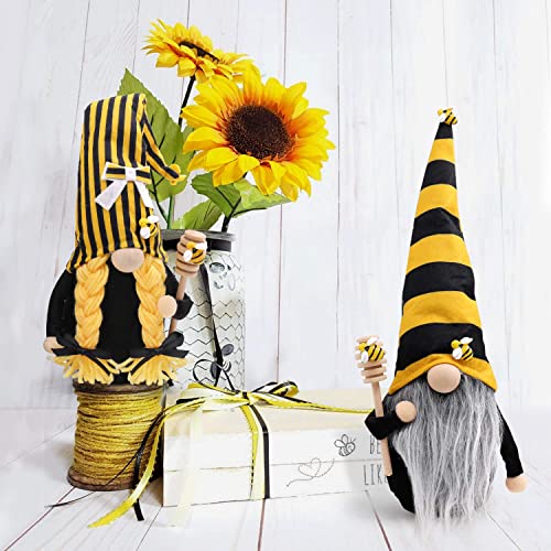 CiyvoLyeen Bumble Bee Striped Gnomes Scandinavian Tomte Nisse Swedish Honey Bee Elf Home Farmhouse Kitchen Decor Bee Shelf Sitter Tiered Tray Display, Set of 2