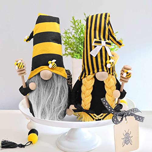 CiyvoLyeen Bumble Bee Striped Gnomes Scandinavian Tomte Nisse Swedish Honey Bee Elf Home Farmhouse Kitchen Decor Bee Shelf Sitter Tiered Tray Display, Set of 2