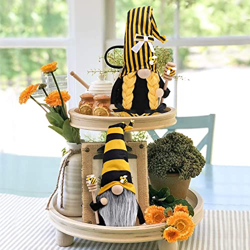 CiyvoLyeen Bumble Bee Striped Gnomes Scandinavian Tomte Nisse Swedish Honey Bee Elf Home Farmhouse Kitchen Decor Bee Shelf Sitter Tiered Tray Display, Set of 2