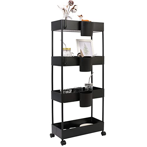 OVAKIA 4-Tier Slim Rolling Utility Cart Storage Shelves Trolley Storage Organizer Shelving Rack with Mesh Baskets/Wheel Casters for Laundry Pantry Bathroom Kitchen Office Narrow Places(Black)