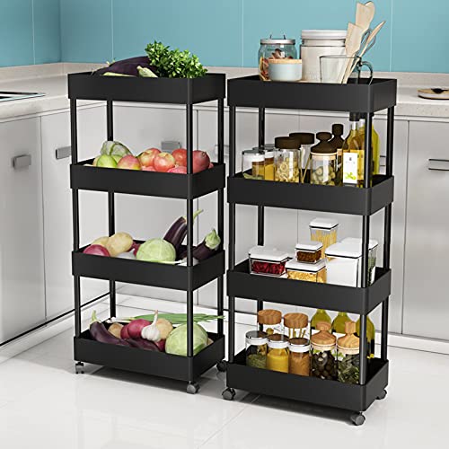 OVAKIA 4-Tier Slim Rolling Utility Cart Storage Shelves Trolley Storage Organizer Shelving Rack with Mesh Baskets/Wheel Casters for Laundry Pantry Bathroom Kitchen Office Narrow Places(Black)