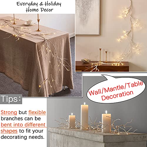 Fudios Lighted Birch Garland with Timer 48 LED Fairy Lights 6ft Battery Operated for Mantle Decor, Lit Twig Garland Christmas Indoor Outdoor Wedding Home Wall Decoration