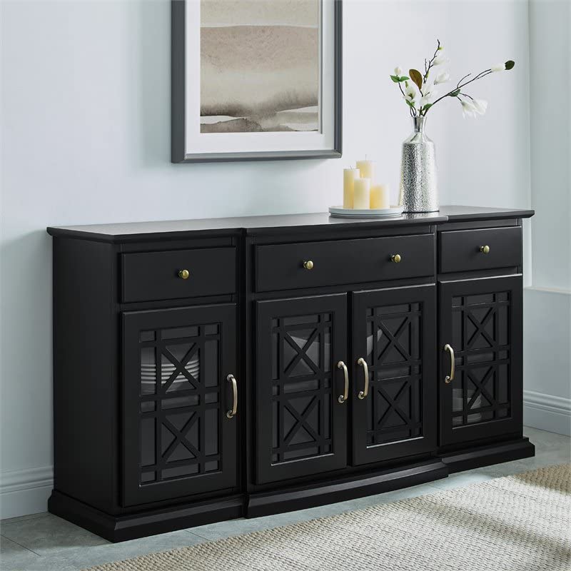 Walker Edison Modern Wood Glass-Buffet-Sideboard Living Entryway Serving Storage Cabinet Doors-Dining Room Console, 60 Inch, Black (AZU60LANFWBL)