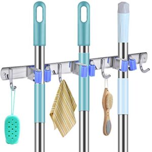 broom and mop holder wall mounted, 3 position 4 hooks garage organization holds up to 7 tools, stainless steel heavy duty broom holder organizer for cleaning supplies organizer, laundry room storage