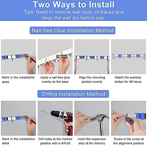 Broom and Mop Holder Wall Mounted, 3 Position 4 Hooks Garage Organization Holds up to 7 Tools, Stainless Steel Heavy Duty Broom Holder Organizer for Cleaning Supplies Organizer, Laundry Room Storage