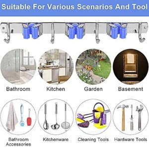 Broom and Mop Holder Wall Mounted, 3 Position 4 Hooks Garage Organization Holds up to 7 Tools, Stainless Steel Heavy Duty Broom Holder Organizer for Cleaning Supplies Organizer, Laundry Room Storage