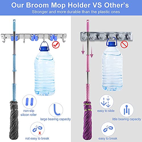 Broom and Mop Holder Wall Mounted, 3 Position 4 Hooks Garage Organization Holds up to 7 Tools, Stainless Steel Heavy Duty Broom Holder Organizer for Cleaning Supplies Organizer, Laundry Room Storage