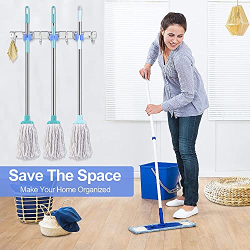 Broom and Mop Holder Wall Mounted, 3 Position 4 Hooks Garage Organization Holds up to 7 Tools, Stainless Steel Heavy Duty Broom Holder Organizer for Cleaning Supplies Organizer, Laundry Room Storage