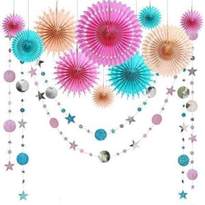 pastel blue pink peach tissue paper fan garland decoration set 3d fan glittering circle star banner backdrop for easter birthday wedding graduation christmas parties home shop office school nursery