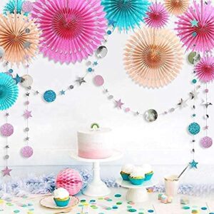 Pastel Blue Pink Peach Tissue Paper Fan Garland Decoration Set 3D Fan Glittering Circle Star Banner Backdrop for Easter Birthday Wedding Graduation Christmas Parties Home Shop Office School Nursery