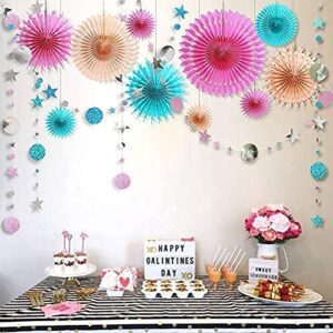 Pastel Blue Pink Peach Tissue Paper Fan Garland Decoration Set 3D Fan Glittering Circle Star Banner Backdrop for Easter Birthday Wedding Graduation Christmas Parties Home Shop Office School Nursery