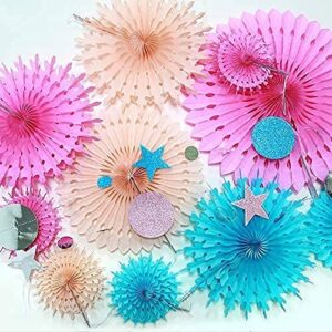 Pastel Blue Pink Peach Tissue Paper Fan Garland Decoration Set 3D Fan Glittering Circle Star Banner Backdrop for Easter Birthday Wedding Graduation Christmas Parties Home Shop Office School Nursery