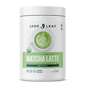 jade leaf matcha organic cafe style sweetened matcha latte premium barista crafted mix - sweet matcha green tea powder - authentic japanese origin (1.1 pound tin)