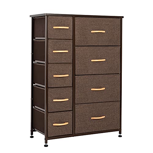 Crestlive Products Vertical Dresser Storage Tower - Sturdy Steel Frame, Wood Top, Easy Pull Fabric Bins, Wood Handles - Organizer Unit for Bedroom, Hallway, Entryway, Closets - 9 Drawers (Brown)