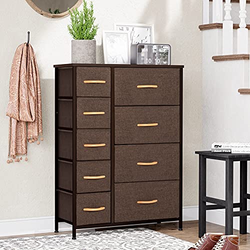 Crestlive Products Vertical Dresser Storage Tower - Sturdy Steel Frame, Wood Top, Easy Pull Fabric Bins, Wood Handles - Organizer Unit for Bedroom, Hallway, Entryway, Closets - 9 Drawers (Brown)