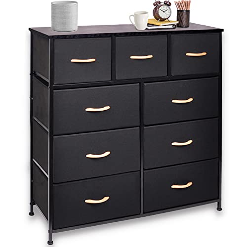 CERBIOR Wide Drawer Dresser Storage Organizer 9-Drawer Closet Shelves, Sturdy Steel Frame Marbling Wood Top with Easy Pull Fabric Bins for Clothing, Blankets (9-Black Drawers)