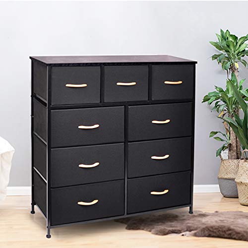 CERBIOR Wide Drawer Dresser Storage Organizer 9-Drawer Closet Shelves, Sturdy Steel Frame Marbling Wood Top with Easy Pull Fabric Bins for Clothing, Blankets (9-Black Drawers)