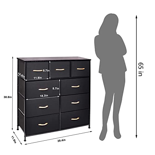 CERBIOR Wide Drawer Dresser Storage Organizer 9-Drawer Closet Shelves, Sturdy Steel Frame Marbling Wood Top with Easy Pull Fabric Bins for Clothing, Blankets (9-Black Drawers)