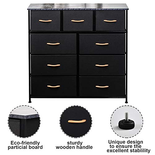 CERBIOR Wide Drawer Dresser Storage Organizer 9-Drawer Closet Shelves, Sturdy Steel Frame Marbling Wood Top with Easy Pull Fabric Bins for Clothing, Blankets (9-Black Drawers)