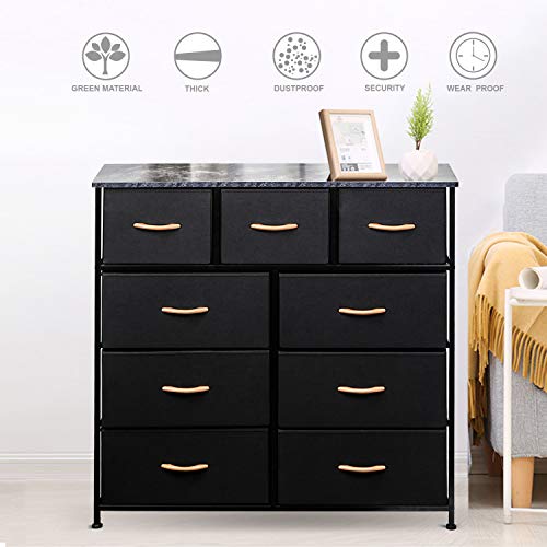 CERBIOR Wide Drawer Dresser Storage Organizer 9-Drawer Closet Shelves, Sturdy Steel Frame Marbling Wood Top with Easy Pull Fabric Bins for Clothing, Blankets (9-Black Drawers)