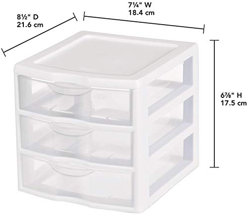 Tribello 3 Drawer Plastic Storage, Mini Drawer Unit, White Frame With Clear Drawers for Craft Storage - 8.5"L X 7.25"W X 6.75"H Inches - American Made (1 Pack)