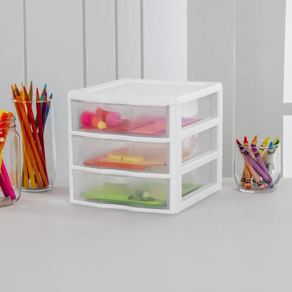 Tribello 3 Drawer Plastic Storage, Mini Drawer Unit, White Frame With Clear Drawers for Craft Storage - 8.5"L X 7.25"W X 6.75"H Inches - American Made (1 Pack)