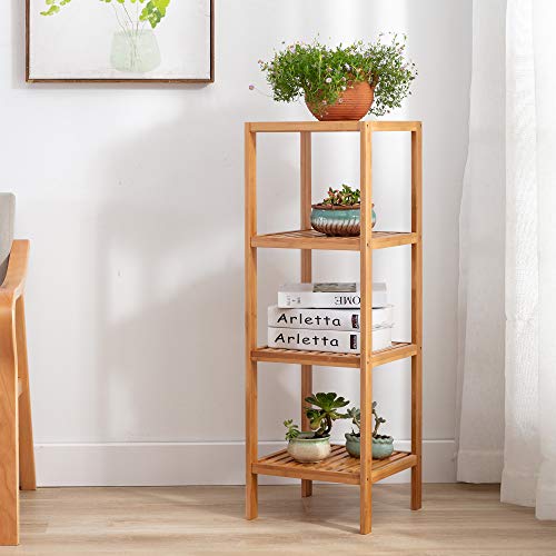 Zoopolyn 100% Bamboo Bathroom Shelf 13 x 13 x 39 inches 4-Tier Multifunction Standing Towel Rack Storage Organizer Unit Natural