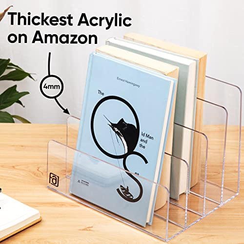 Acrylic File Organizer 4 Section Holder, Laptop, Folder, Palette Makeup, Office, Letter, Notebook, Electronics, Purse, Book, Clear Lucite Paper Sorter, 9-Inch Wide x 7-Inch Deep x 7-Inch High