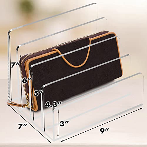 Acrylic File Organizer 4 Section Holder, Laptop, Folder, Palette Makeup, Office, Letter, Notebook, Electronics, Purse, Book, Clear Lucite Paper Sorter, 9-Inch Wide x 7-Inch Deep x 7-Inch High