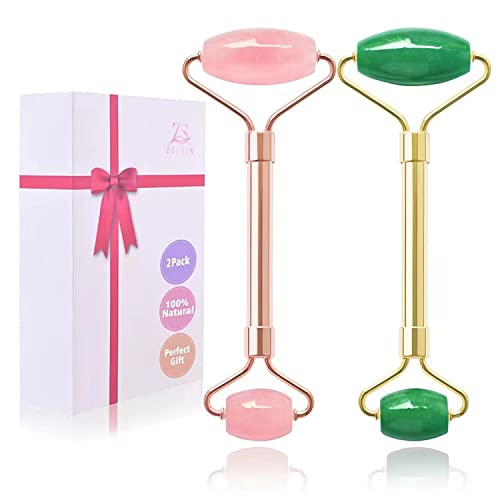 ZS ZESHIN (2 Pack) Jade Facial Roller & Rose Quartz Face Roller for Wrinkles and Puffiness, Natural Jade Stone Face Massager Roller