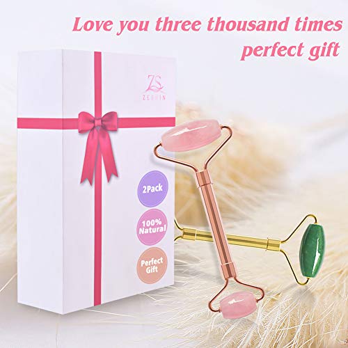 ZS ZESHIN (2 Pack) Jade Facial Roller & Rose Quartz Face Roller for Wrinkles and Puffiness, Natural Jade Stone Face Massager Roller