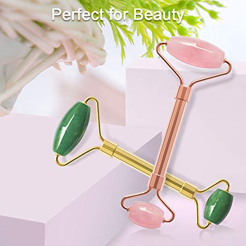 ZS ZESHIN (2 Pack) Jade Facial Roller & Rose Quartz Face Roller for Wrinkles and Puffiness, Natural Jade Stone Face Massager Roller