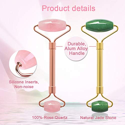 ZS ZESHIN (2 Pack) Jade Facial Roller & Rose Quartz Face Roller for Wrinkles and Puffiness, Natural Jade Stone Face Massager Roller