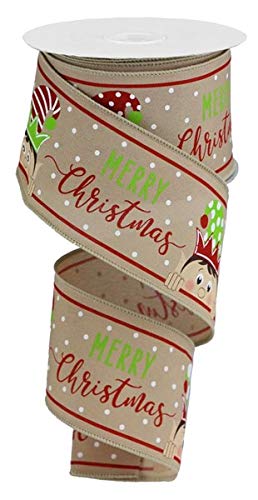 Peeking Elf on Satin Wired Edge Ribbon - 10 Yards (Natural, 2.5 Inch)