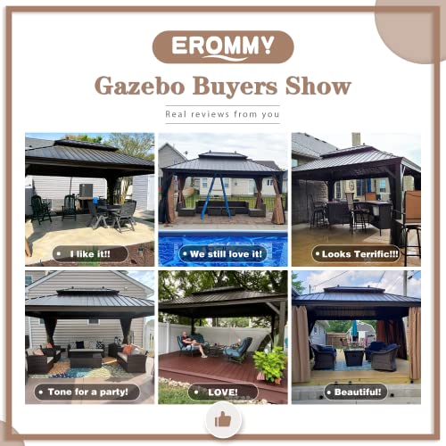 EROMMY Hardtop Gazebo Galvanized Steel Outdoor Gazebo Canopy Double Vented Roof Pergolas Aluminum Frame with Netting and Curtains for Garden,Patio,Lawns,Parties (12'x 16')