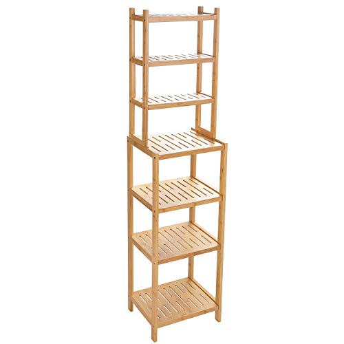 URFORESTIC 7-Tier Bamboo Bathroom Shelf, Narrow Space Shelf for Small Space, Multifunctional Storage Rack, Wood Corner Rack, for Kitchen, Livingroom, Bedroom, Hallway(Natural)